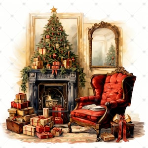 Vintage Christmas Living Room Clipart Bundle- 10 High Quality ...