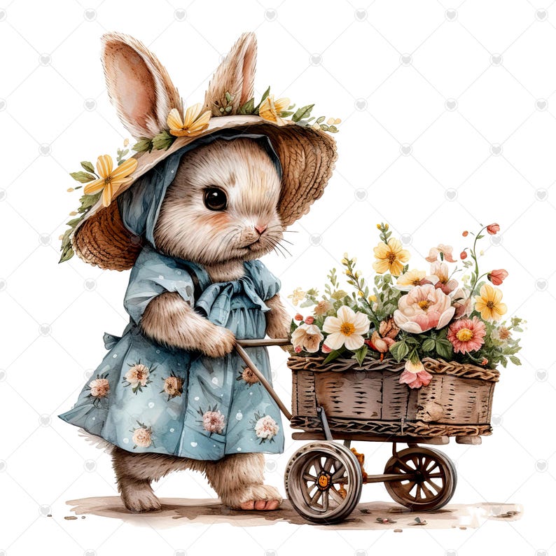 Adorable Little Bunny in Dress With Flowers PNG Clipart Bundle- Digital ...