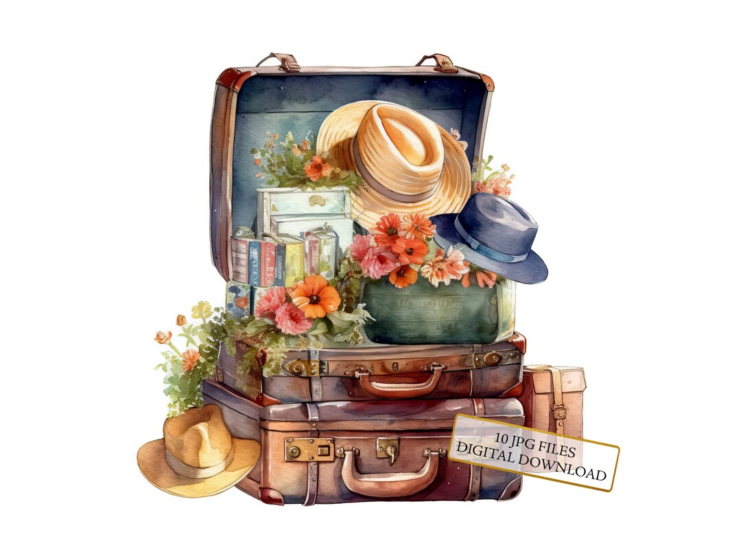 Vintage Travel Suitcases Clipart Bundle- 10 High Quality Watercolor ...