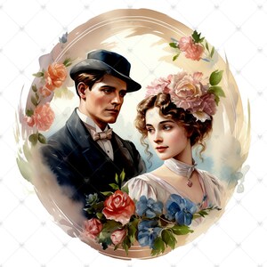 Floral Victorian Couple's Portrait Clipart Bundle- 10 High Quality ...