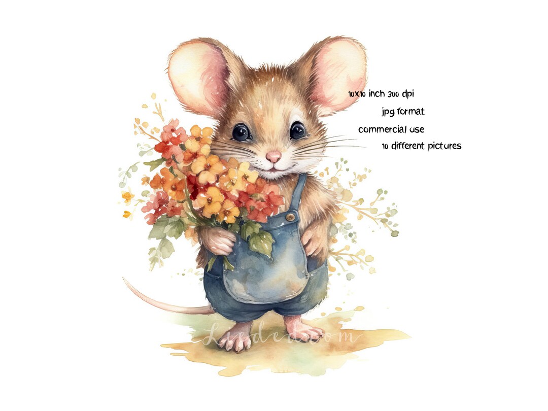 Mouse Child Holding Flower Bouquet Clipart Bundle 10 High - Etsy