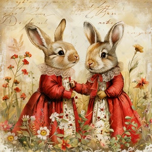 Bunnies in Red Dresses Vintage Page Clipart Bundle- 10 High Quality ...