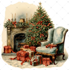 Vintage Christmas Living Room Clipart Bundle- 10 High Quality ...