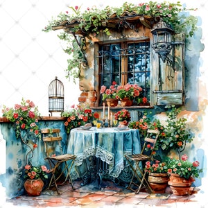Old Cozy Italian Balcony With Table and Chairs Clipart Bundle- 10 High ...