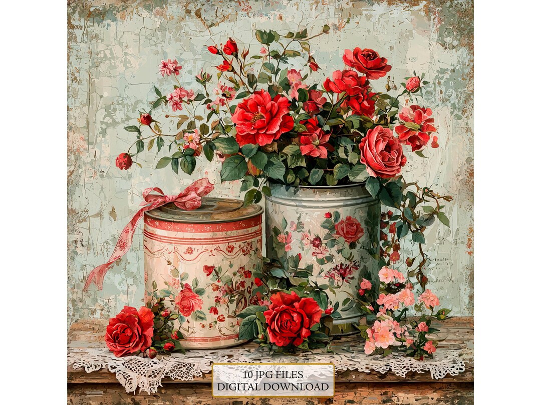 Shabby Chic Red Floral Retro Cans JPG Clipart Bundle- Digital Download ...