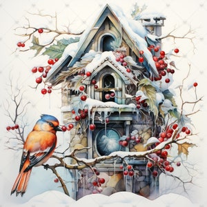 Birdhouse in Snowy Winter Clipart Bundle- 10 High Quality Watercolor ...