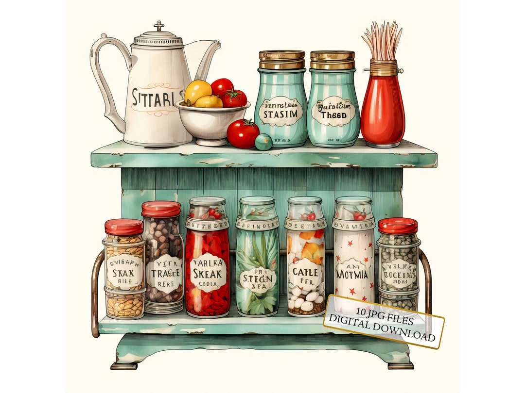 Retro Spice Rack Clipart Bundle- 10 High Quality Watercolor Jpgs ...
