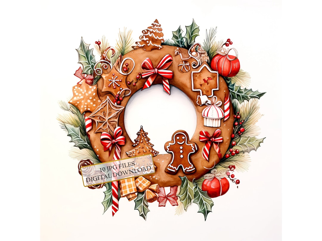 Christmas Gingerbread Wreath Clipart Bundle- 10 High Quality Watercolor ...