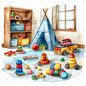 Nursery Playroom With Toys Clipart Bundle 10 High Quality Watercolor ...
