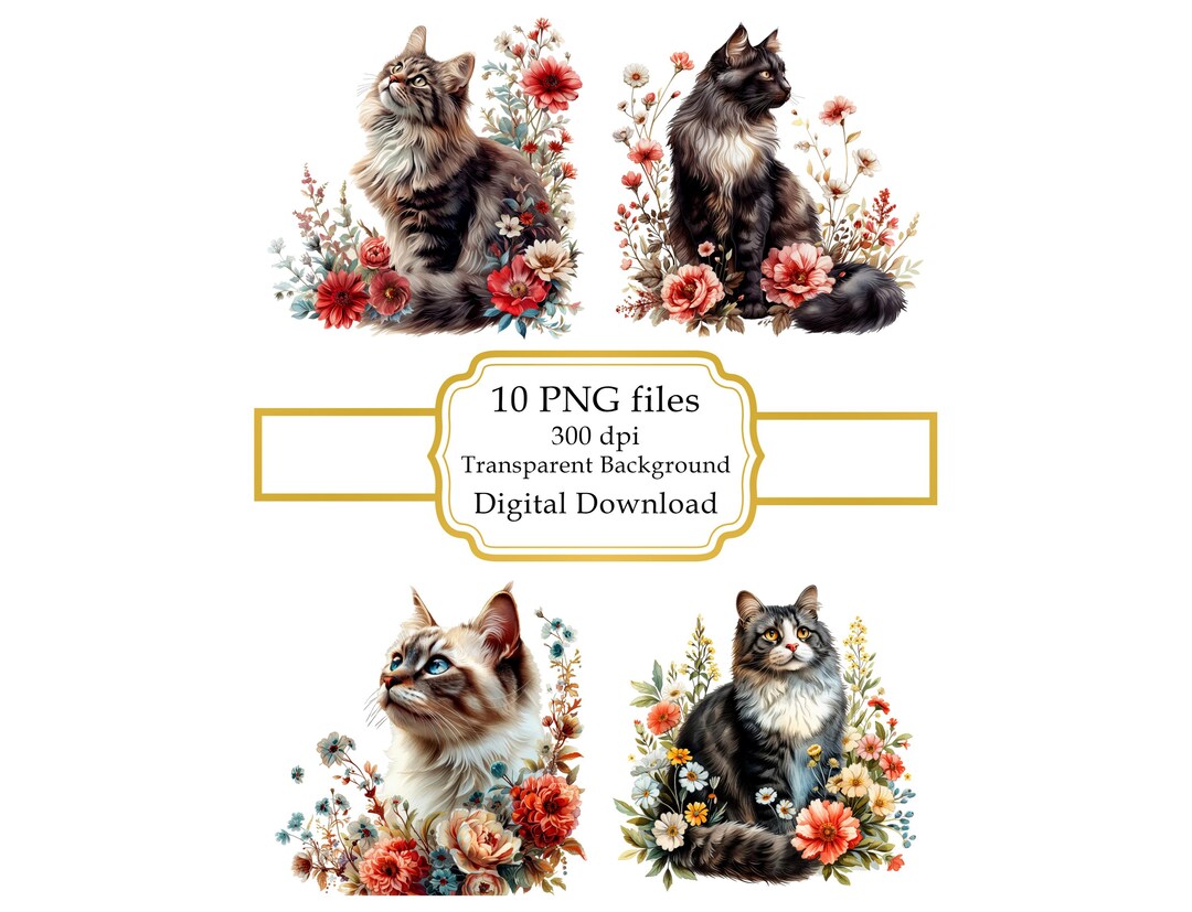 Floral Cat Portrait PNG Clipart Bundle- Digital Download - Etsy
