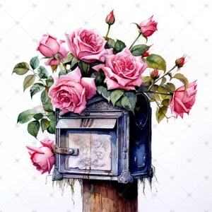 Mailbox With Pink Roses Clipart Bundle- 10 High Quality Watercolor Jpgs ...