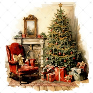 Vintage Christmas Living Room Clipart Bundle- 10 High Quality ...