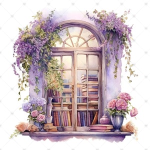 Floral Window With Books Clipart Bundle- 10 High Quality Watercolor ...