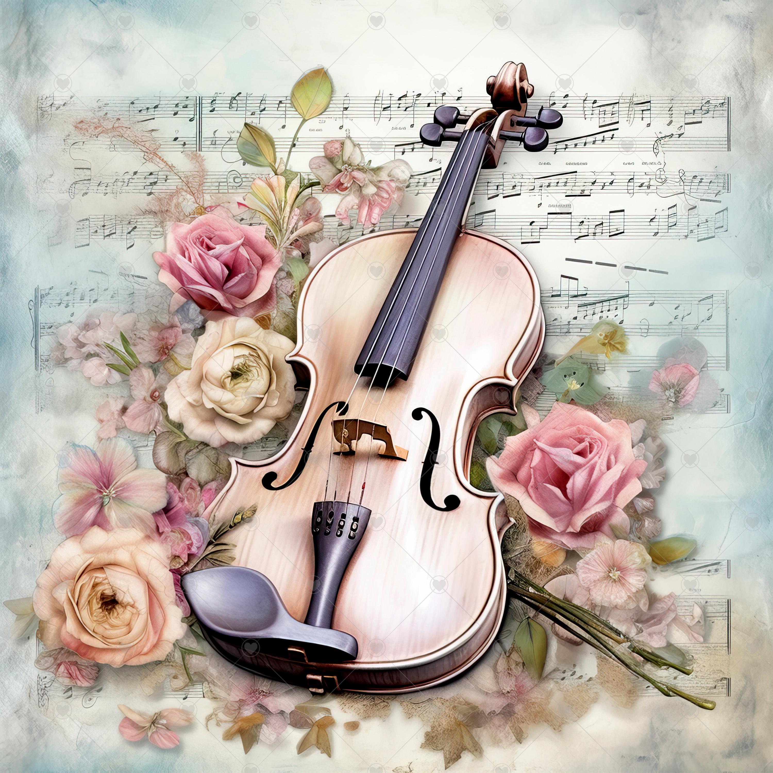 Shabby Chic Floral Violin on Music Sheet JPG Clipart Bundle- Digital ...