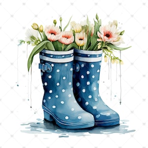 Blue Polka Dot Rain Boots With Flowers Clipart Bundle- 10 High Quality ...