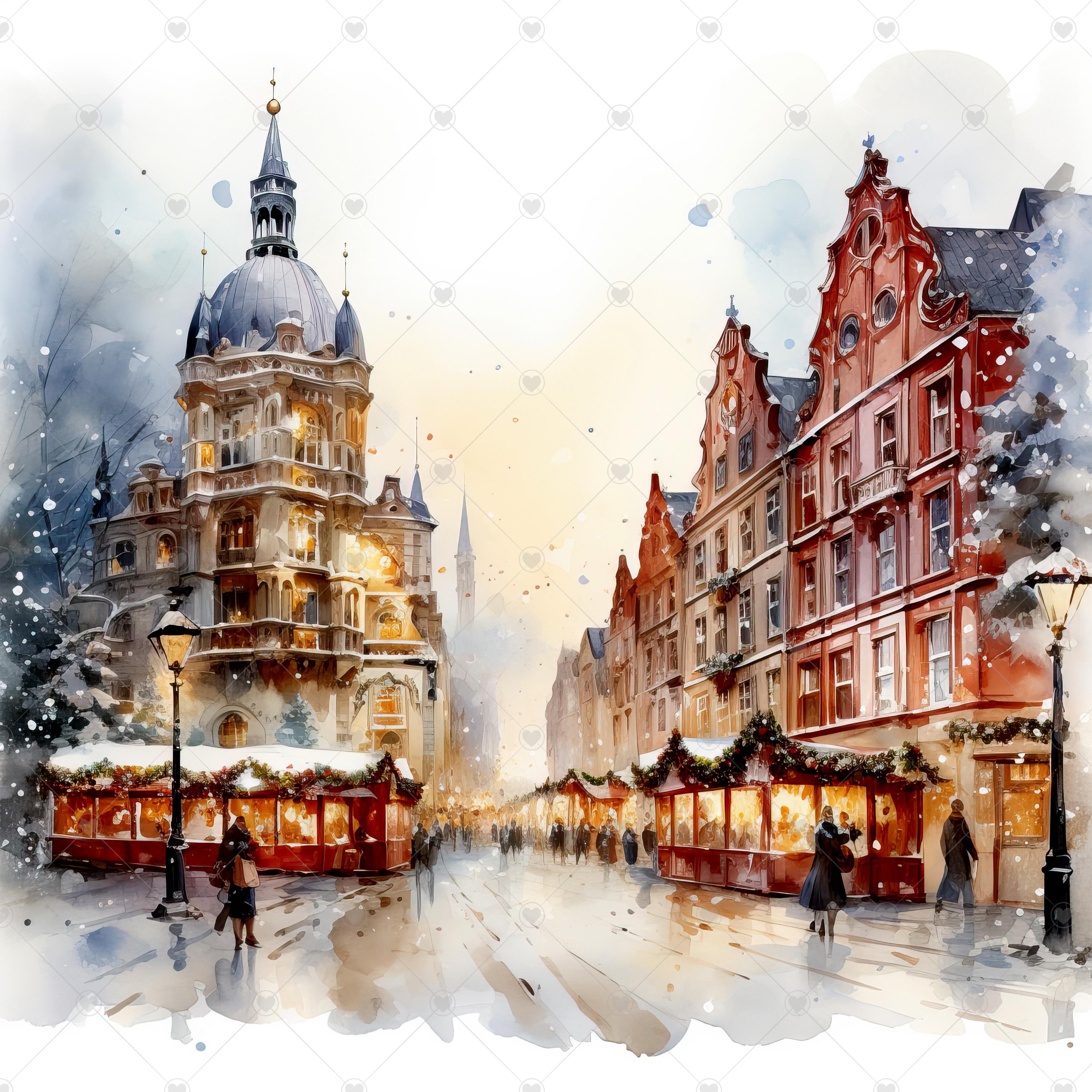 Winter Festive Village Square Scenery JPG Clipart Bundle- Digital ...