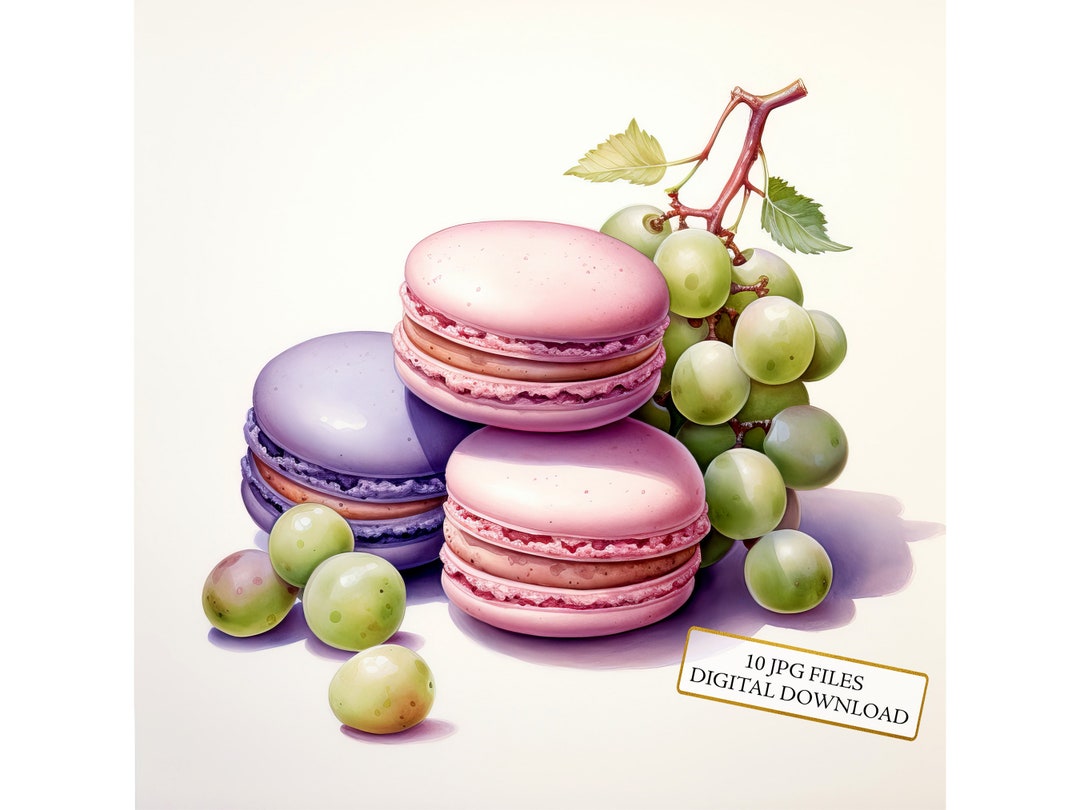 Pastel Macarons With Grapes Clipart Bundle 10 High Quality Watercolor ...