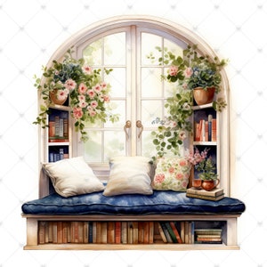 Cozy Window Nook With Books and Plants Clipart Bundle- 10 High Quality ...