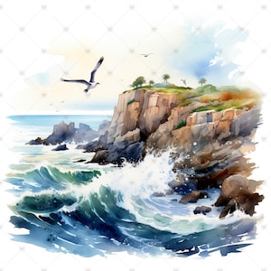 Coastal Cliff With Waves and Seagulls Clipart Bundle- 10 High Quality ...