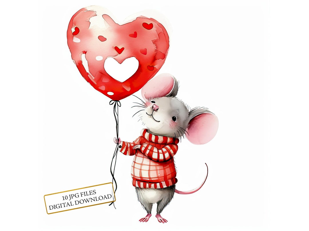Valentine's Day Mouse Holding Heart Shaped Balloon Clipart Bundle- 10 ...