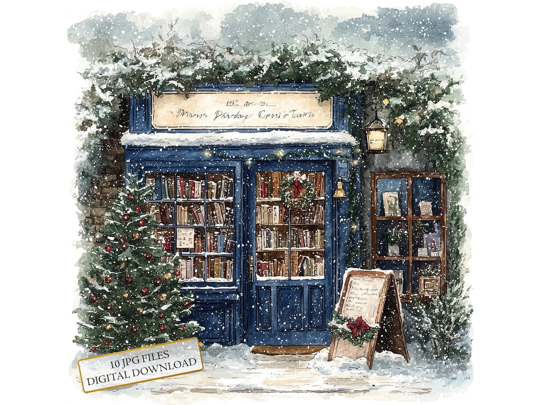 Snowy Christmas Bookstore Front Clipart Bundle- 10 High Quality ...