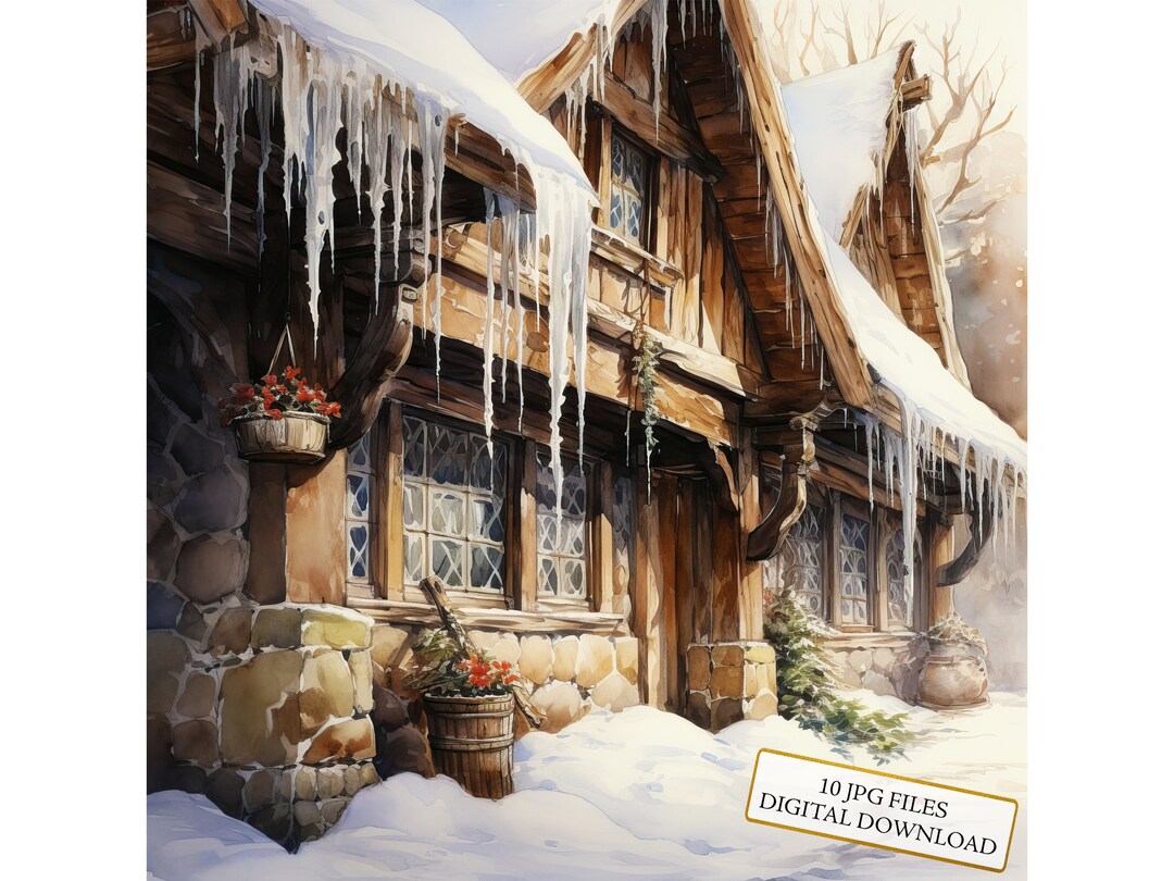 Cabin With Icicles in Snowy Winter Clipart Bundle- 10 High Quality ...