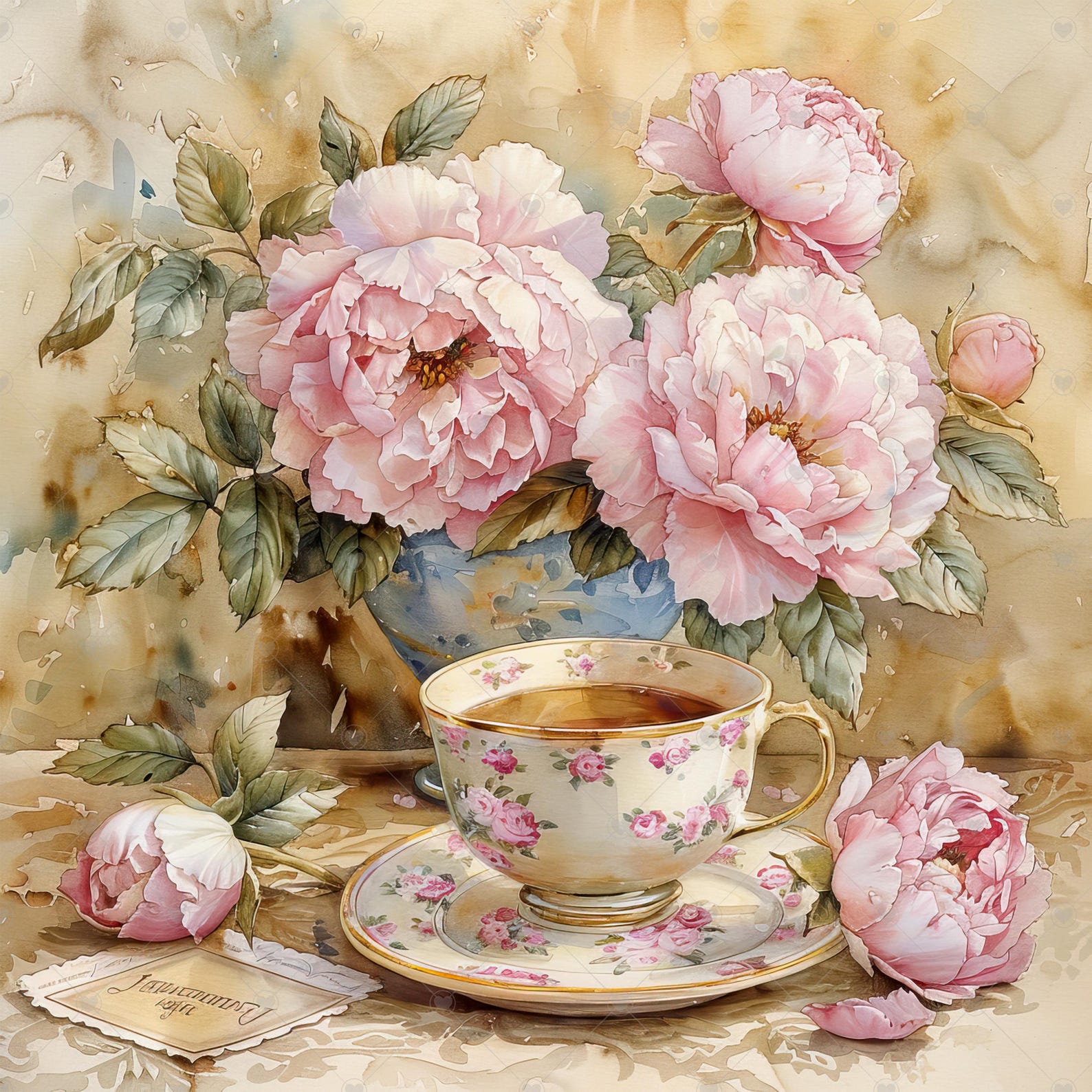 Shabby Chic Cup of Tea With Pink Roses JPG Clipart Bundle- Digital ...