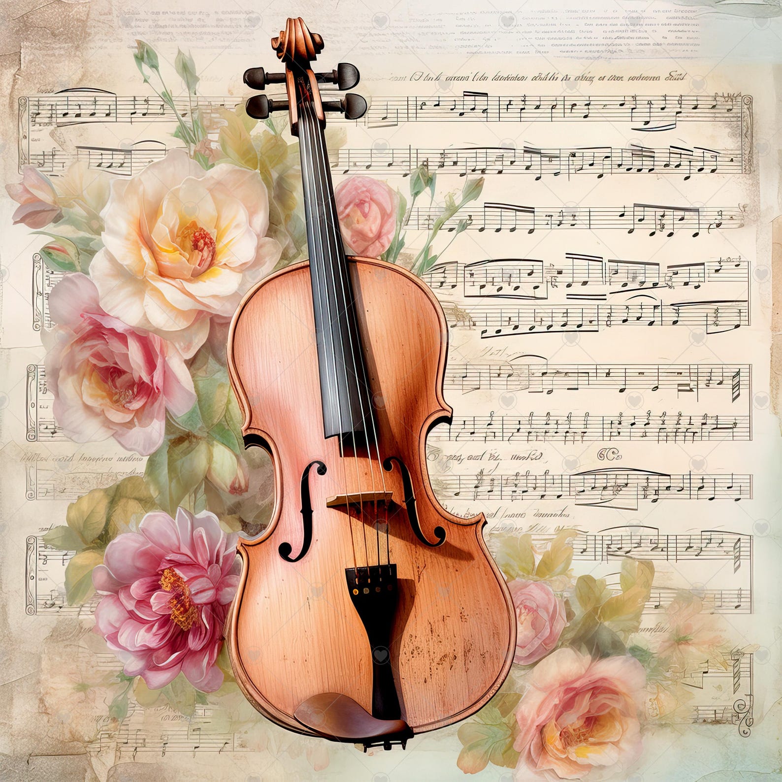 Shabby Chic Floral Violin on Music Sheet JPG Clipart Bundle- Digital ...