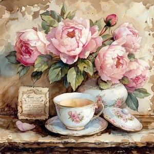 Shabby Chic Cup of Tea With Pink Roses JPG Clipart Bundle- Digital ...