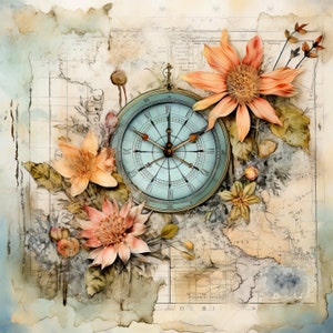Shabby Chic Floral Compass With Map Clipart Bundle- 10 High Quality ...