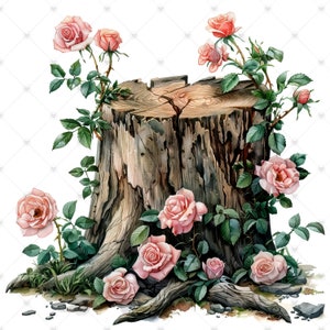 Pink Roses Growing Out of a Tree Stump JPG Clipart Bundle- Digital ...