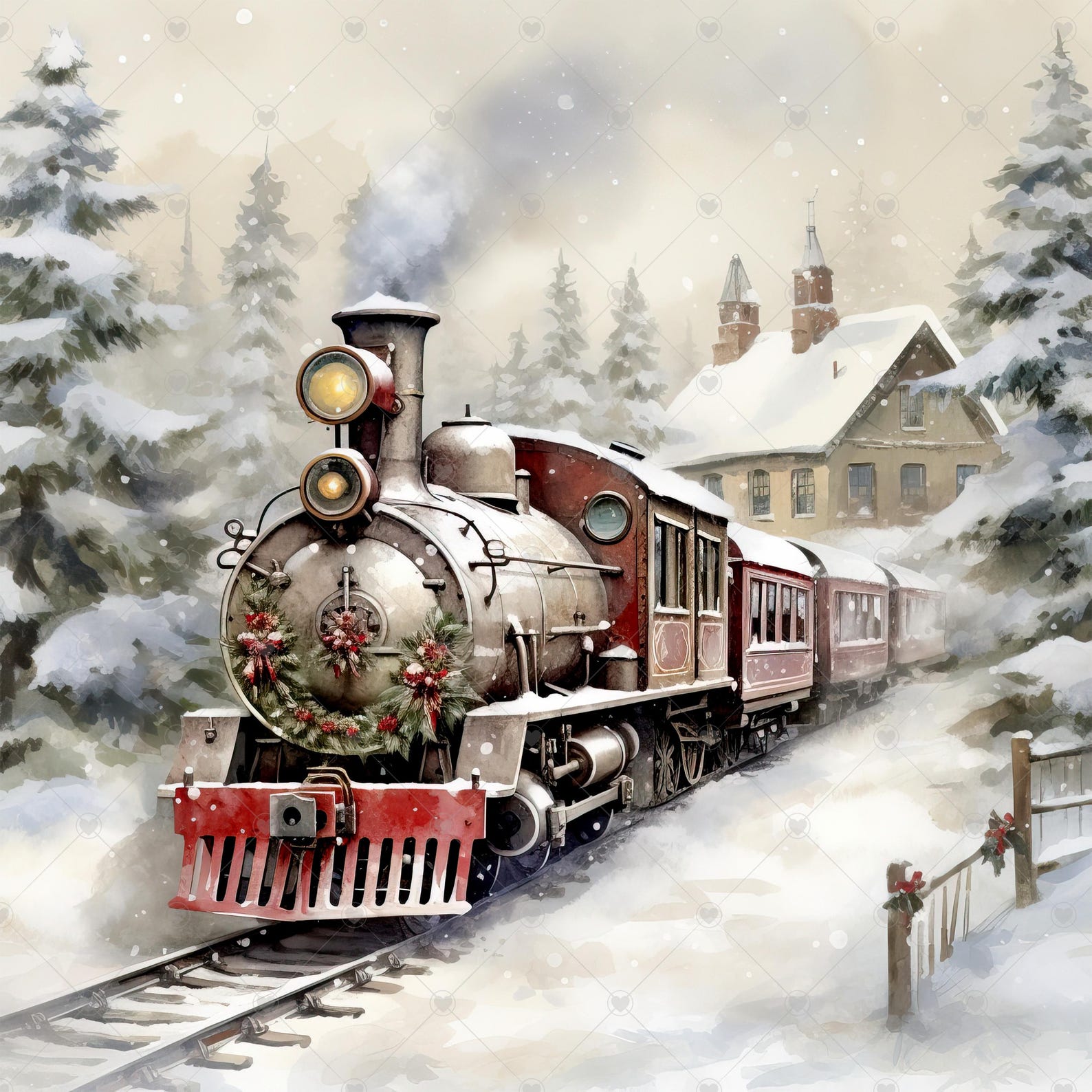 Vintage Christmas Train Leaving Snowy Town JPG Clipart Bundle- Digital ...