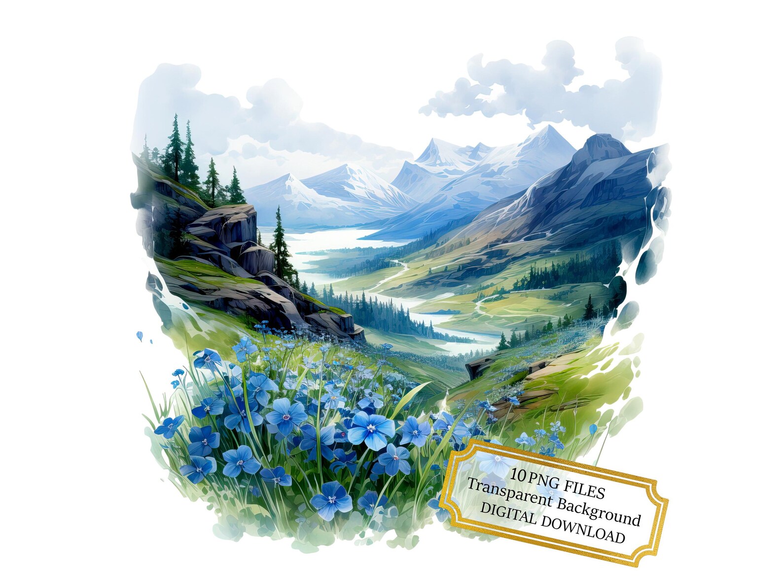 Mountain Hills With Forget Me Not Flowers PNG Clipart Bundle- Digital ...