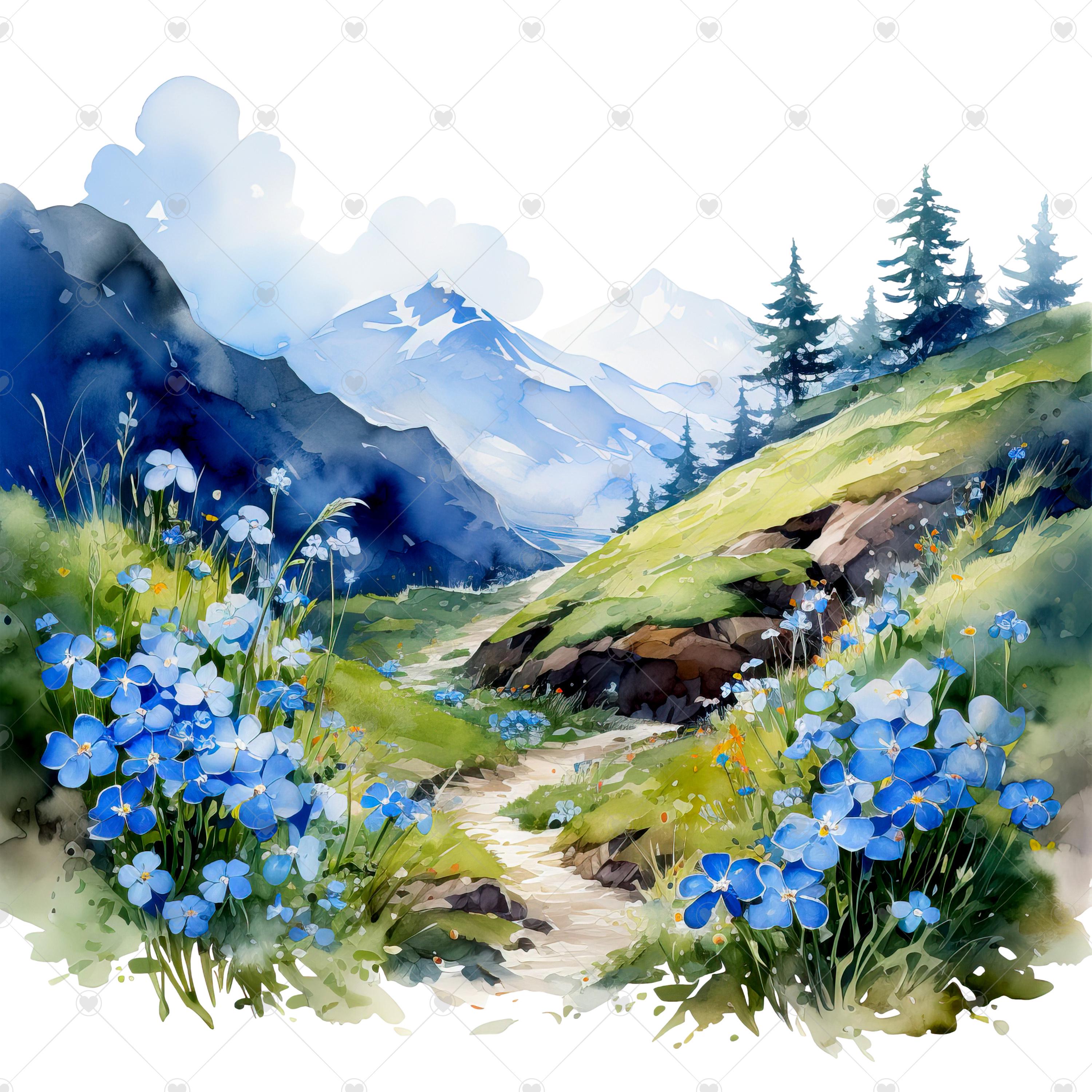 Mountain Hills With Forget Me Not Flowers PNG Clipart Bundle- Digital ...