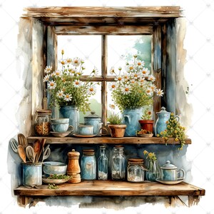 Rustic Cottage Kitchen Window With Daisies Clipart Bundle- 10 High ...