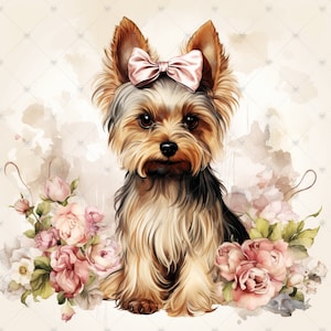 Shabby Chic Yorkshire Terrier Girl With Flowers Clipart Bundle- 10 High ...