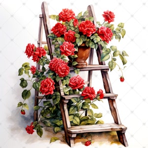 Wooden Step Ladder With Red Roses Clipart Bundle- 10 High Quality ...