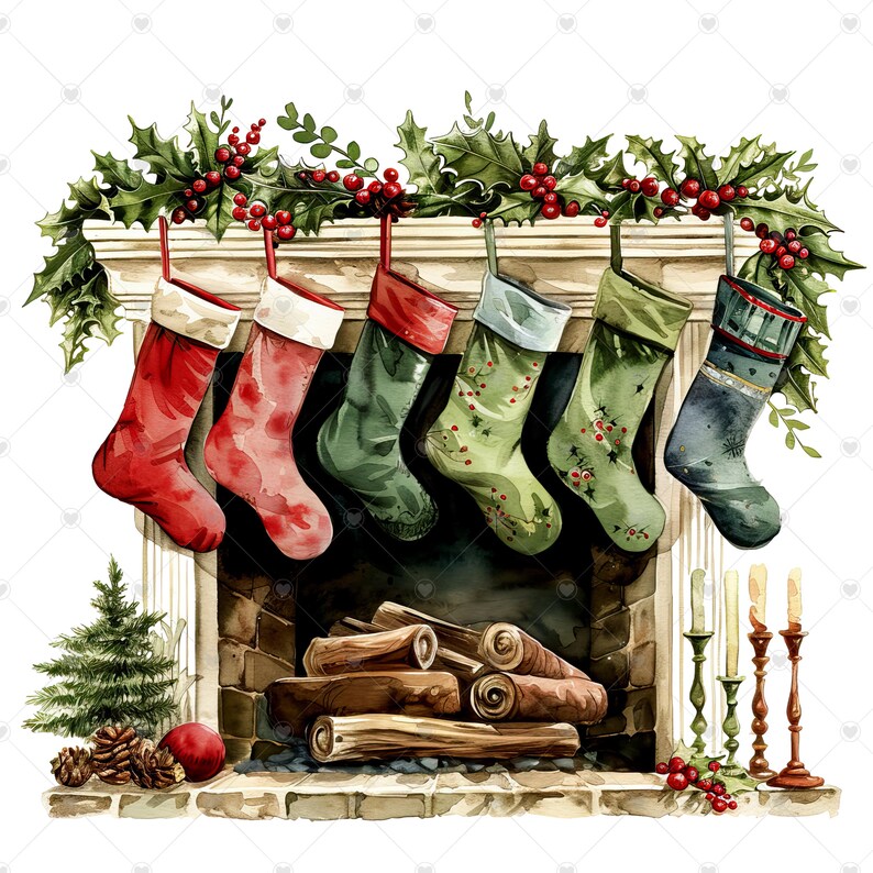Christmas Stockings on a Fireplace PNG Clipart Bundle- Digital Download ...