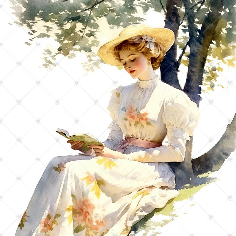 Victorian Reading Woman Under the Tree Clipart Bundle 10 High - Etsy
