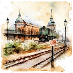 Vintage Train Station Postcard Clipart Bundle- 10 High Quality ...