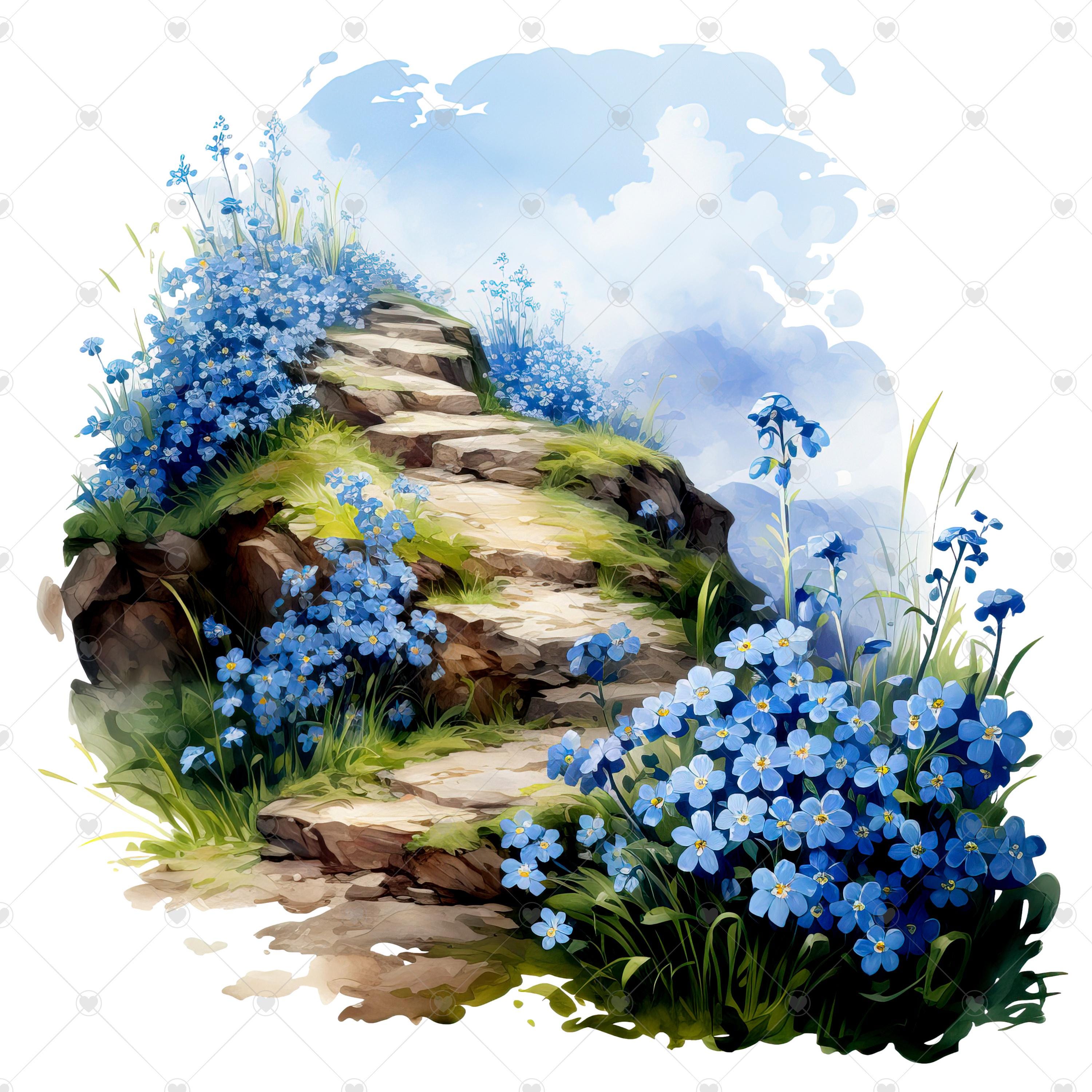 Mountain Hills With Forget Me Not Flowers PNG Clipart Bundle- Digital ...