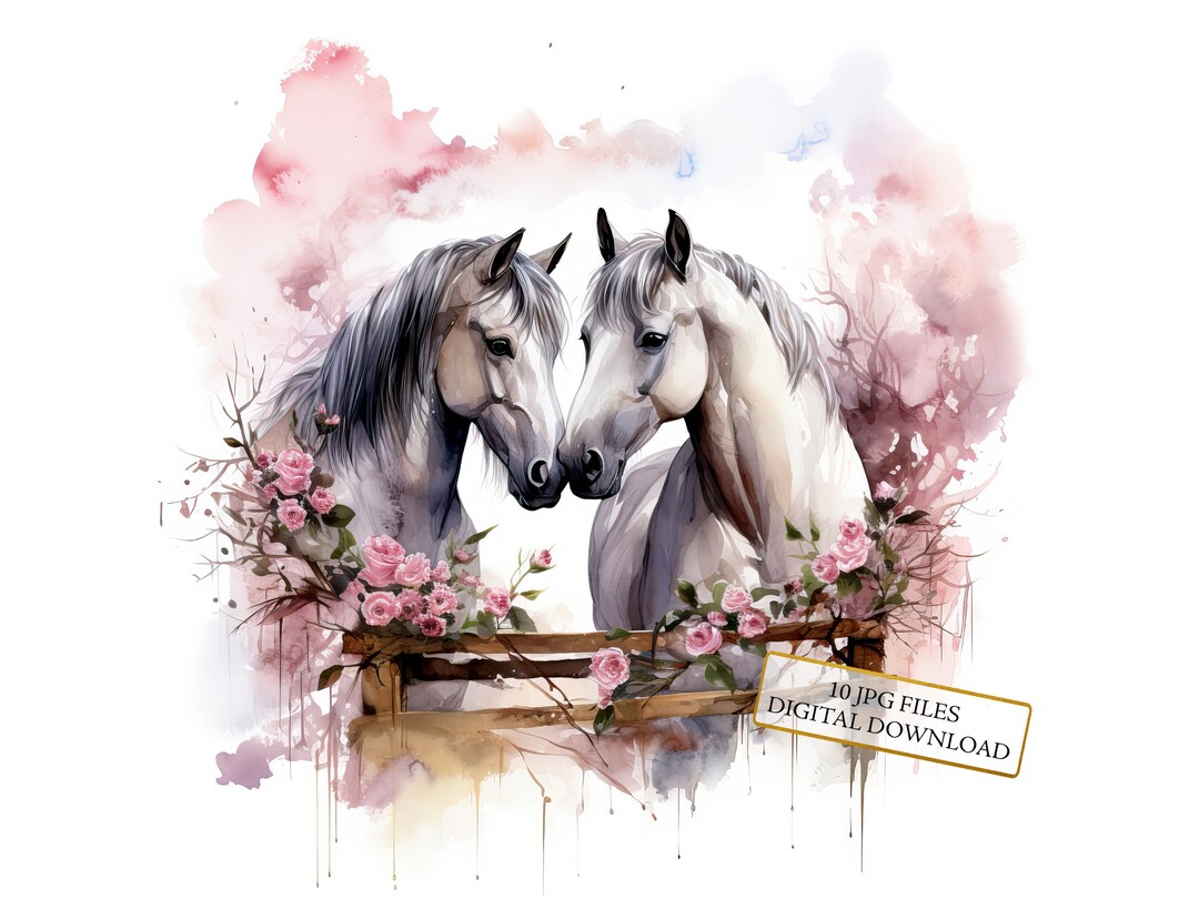 Horses in Love by a Floral Fence Clipart Bundle 10 High Quality ...