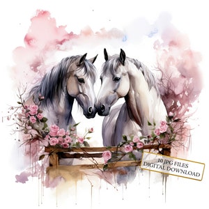 Horses in Love by a Floral Fence Clipart Bundle 10 High Quality ...