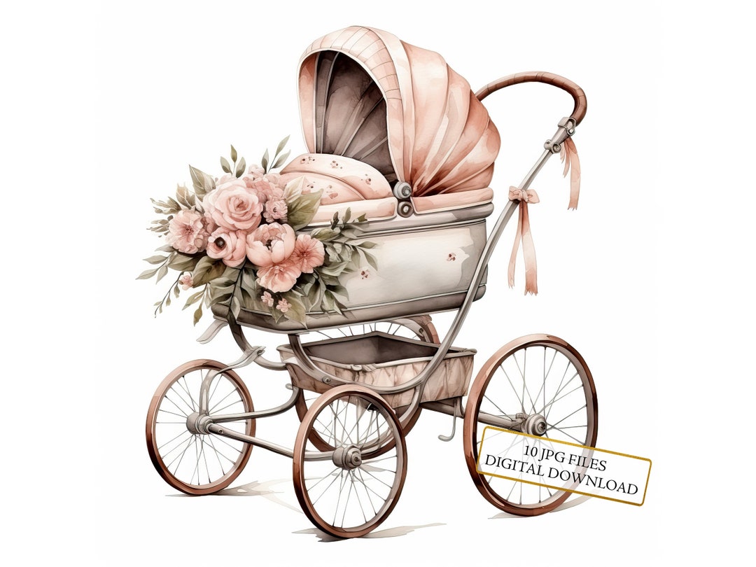 Vintage Baby Stroller With Flowers Clipart Bundle- 10 High Quality ...