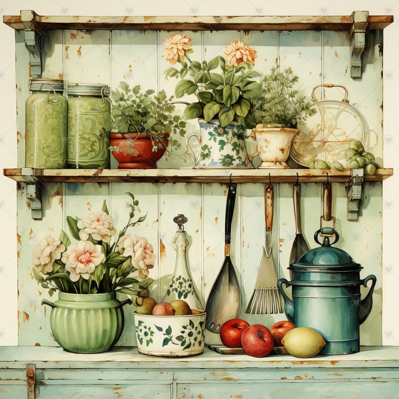 Shabby Chic Rustic Green Kitchen JPG Clipart Bundle- Digital Download ...