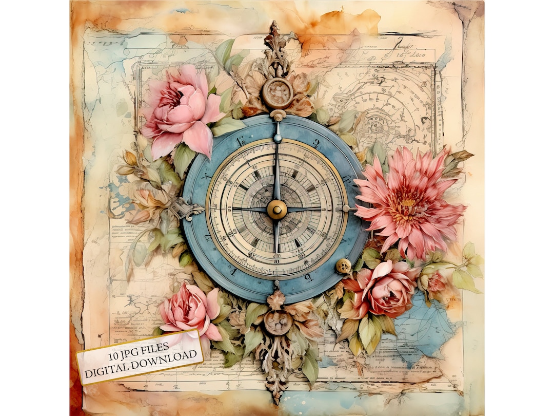 Shabby Chic Floral Compass With Map Clipart Bundle- 10 High Quality ...
