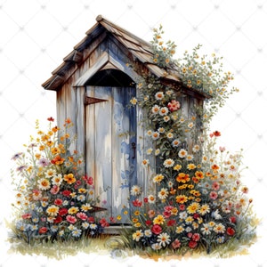 Rustic Outhouse With Flowers Clipart Bundle 10 High Quality Watercolor ...