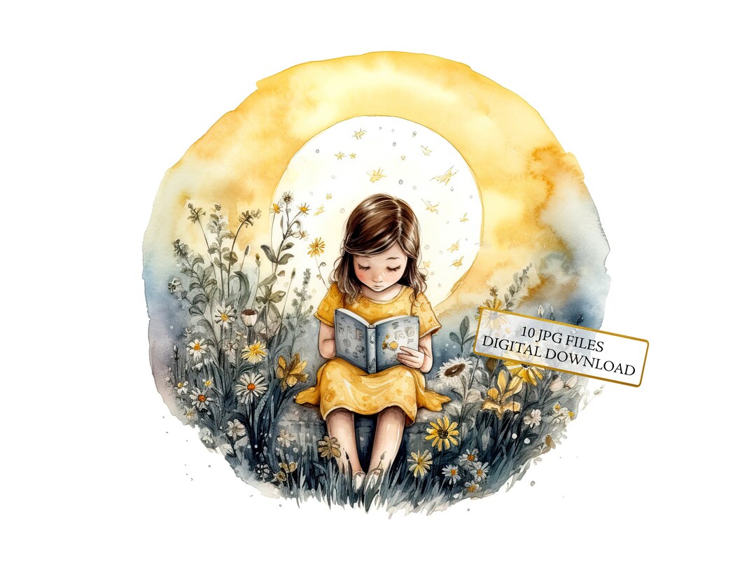 Reading Girl in Floral Circle Clipart Bundle 10 High Quality Watercolor ...