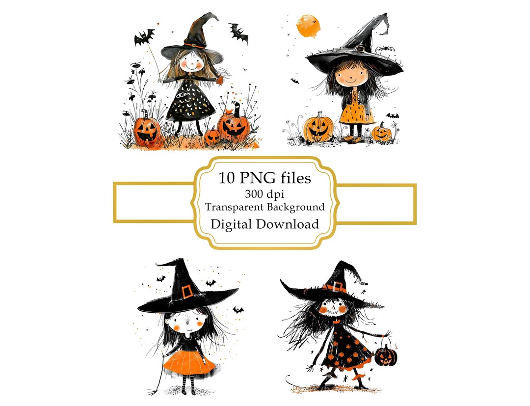Little Halloween Witch PNG Clipart Bundle- Digital Download - Etsy