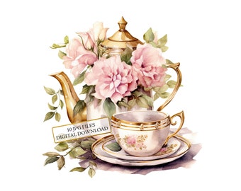 Vintage Tea Set With Roses 4 High Quality Watercolor Jpgs Clipart ...